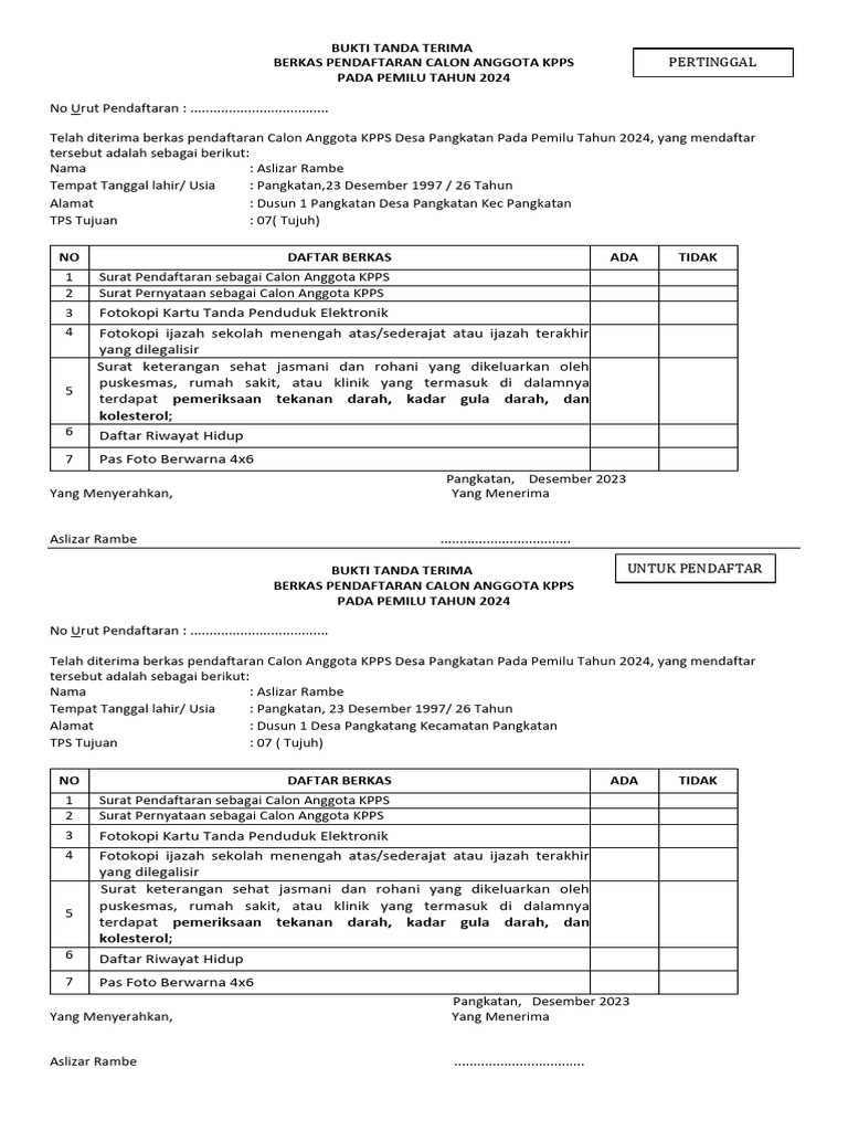 Bukti Tanda Terima Pendaftaran Kpps | PDF