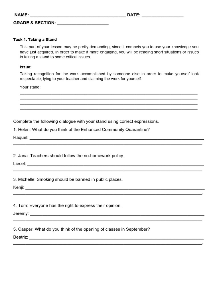 Taking a Stand: Engaging Activities | PDF | Self-Improvement