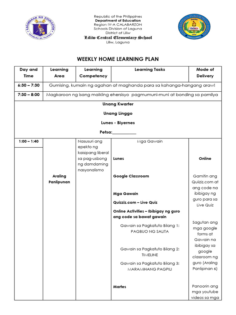 Ap - w1 - WEEKLY HOME LEARNING PLAN | PDF