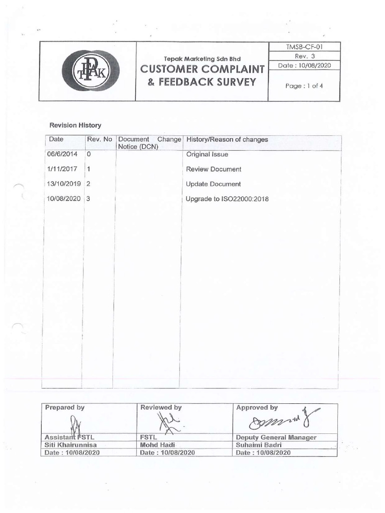 Customer Complaint & Feedback Survey TMSB | PDF