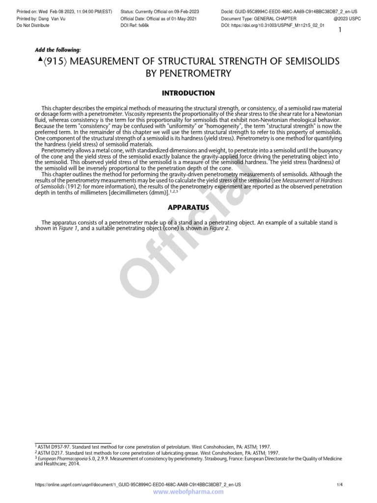〈915〉 Measurement of Structural Strength of Semisolids by Penetrometry ...