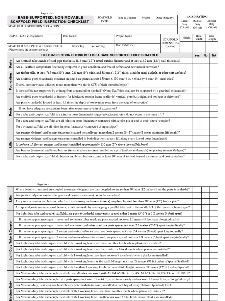 Base SP Scaffold CHECK LIST-1 | PDF | Scaffolding | Ladder