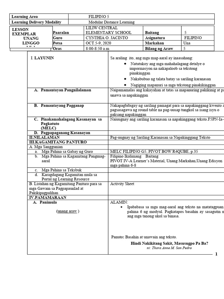 FILIPINO 5 Week 1-LE 1-Unang Markahan | PDF
