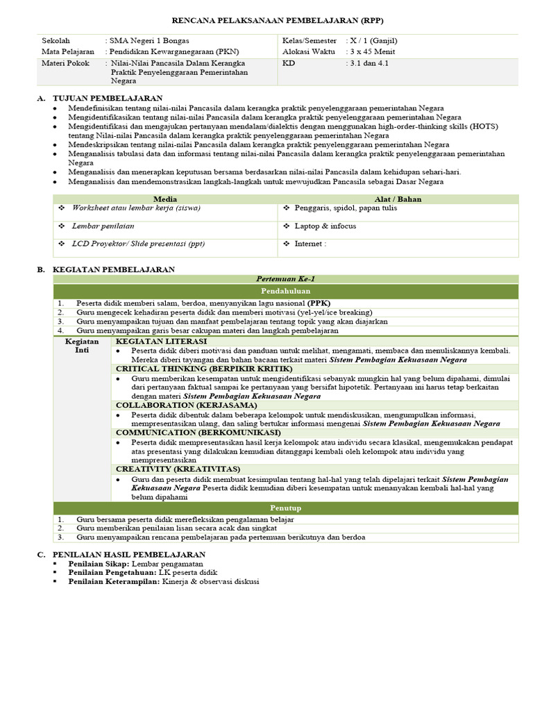 RPP PKN Kelas X: Nilai Pancasila | PDF | Karier & Perkembangan