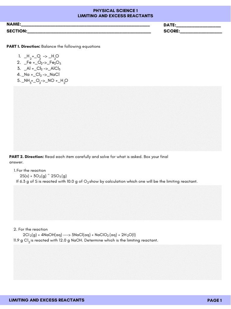 Physical Science 1 Stoichiometry Limiting and Excess Reagents Worksheet ...