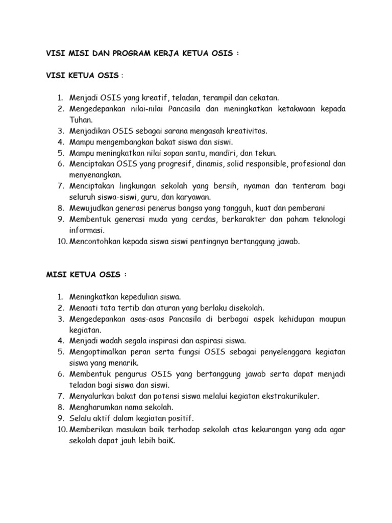 Visi Misi Dan Program Kerja Bendahara Osis | PDF | Karier & Perkembangan
