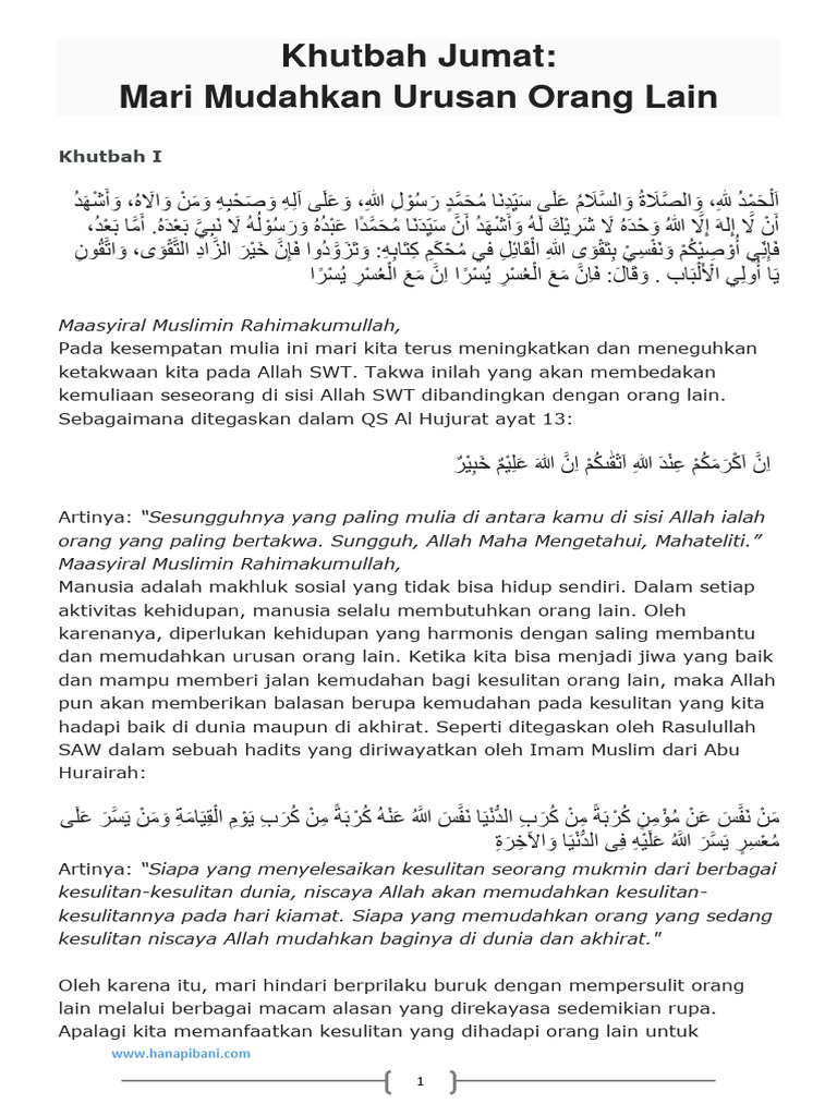 Khutbah Jumat Mari Mudahkan Urusan Orang Lain Pdf