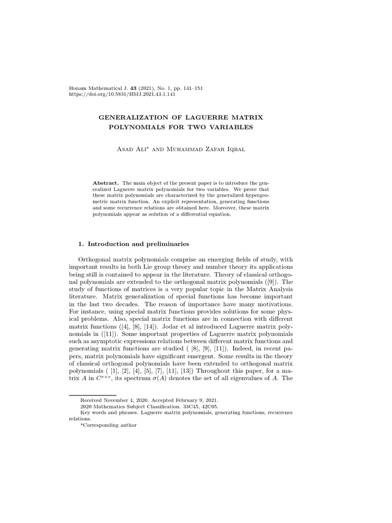 Generalization of Laguerre Matrix Polynomials For Two Variables | PDF | Matrix (Mathematics ...