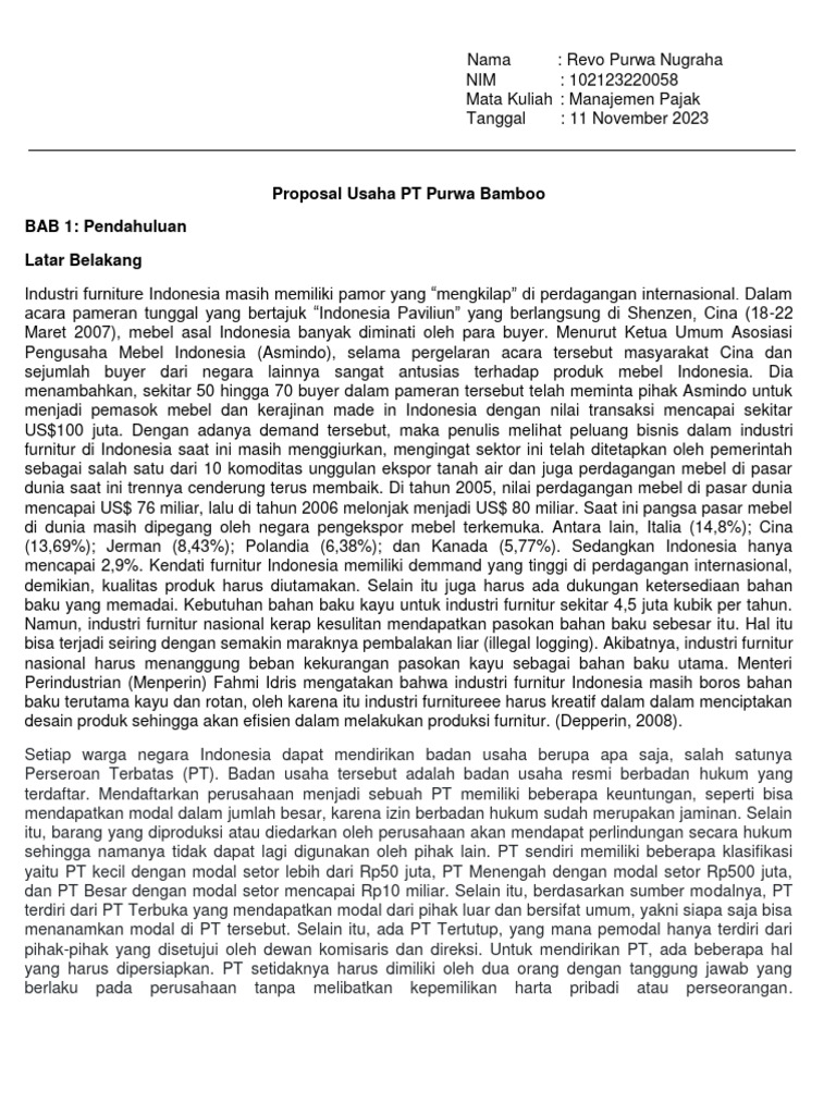 Proposal Usaha PT Purwa Bamboo | PDF | Bisnis