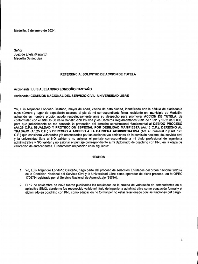 002 Escrito Tutela 222 Alejandro | PDF