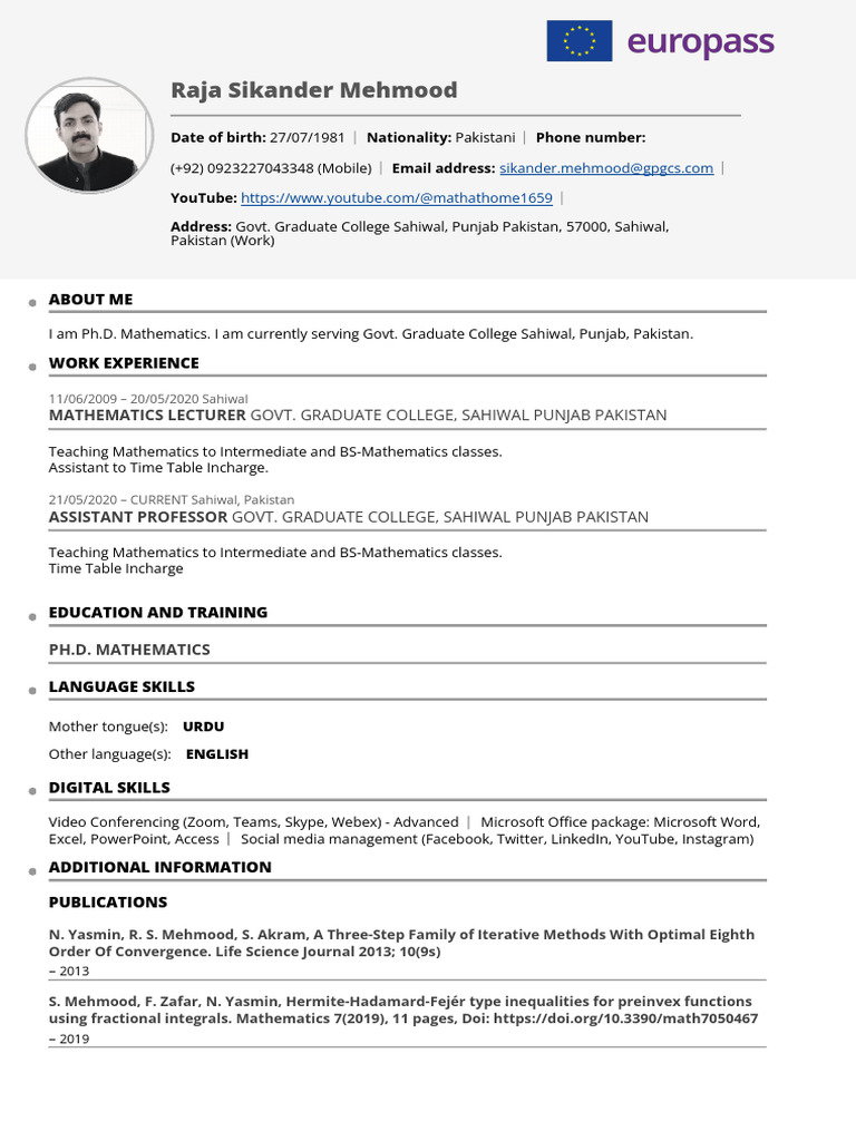 Raja Sikander Mehmood: Academic Profile | PDF | Science & Mathematics