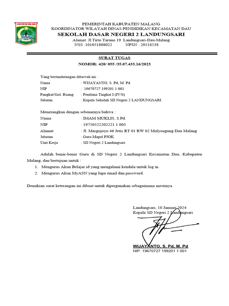 Surat Tugas Pak Imam Ke BKD | PDF