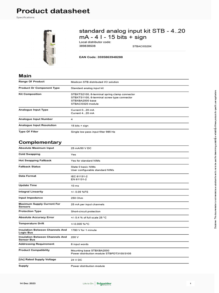Schneider Electric Advantys-STB STBACI0320K | Download Free PDF ...