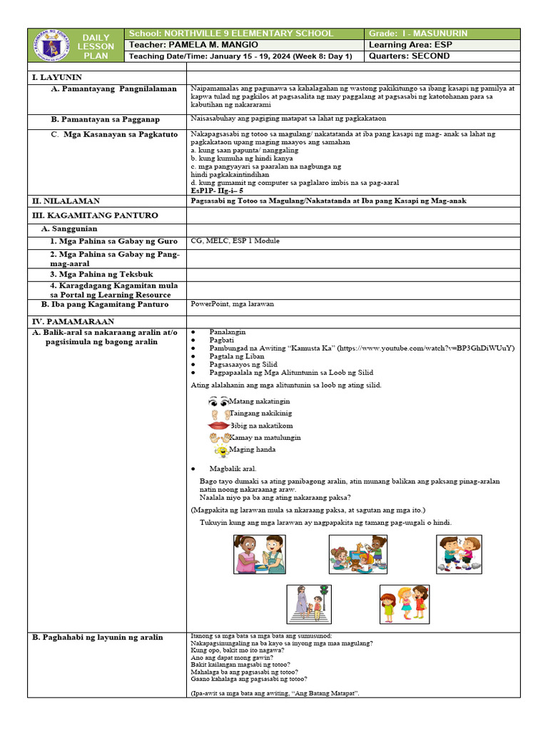 C. Mga Kasanayan Sa Pagkatuto: Daily Lesson Plan School: Northville 9 ...