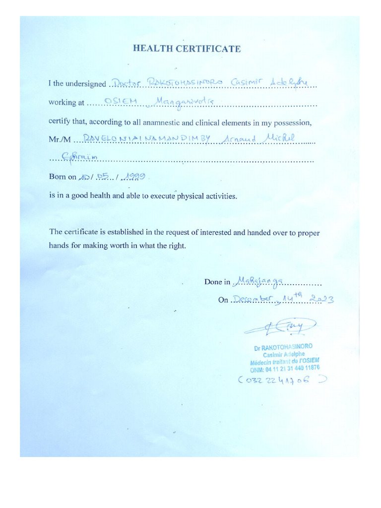 Health Certificate | PDF