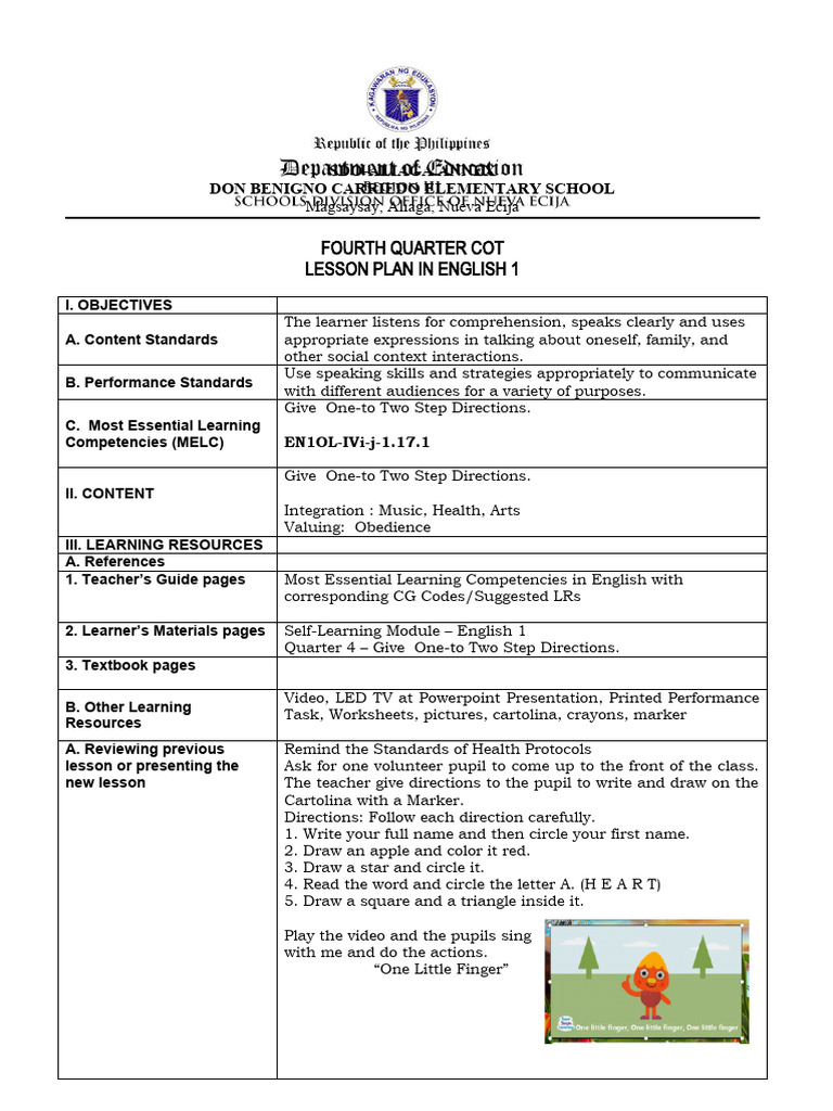 LP English Q4 Grade 1 - Give One-To-Two Step Directions | PDF ...