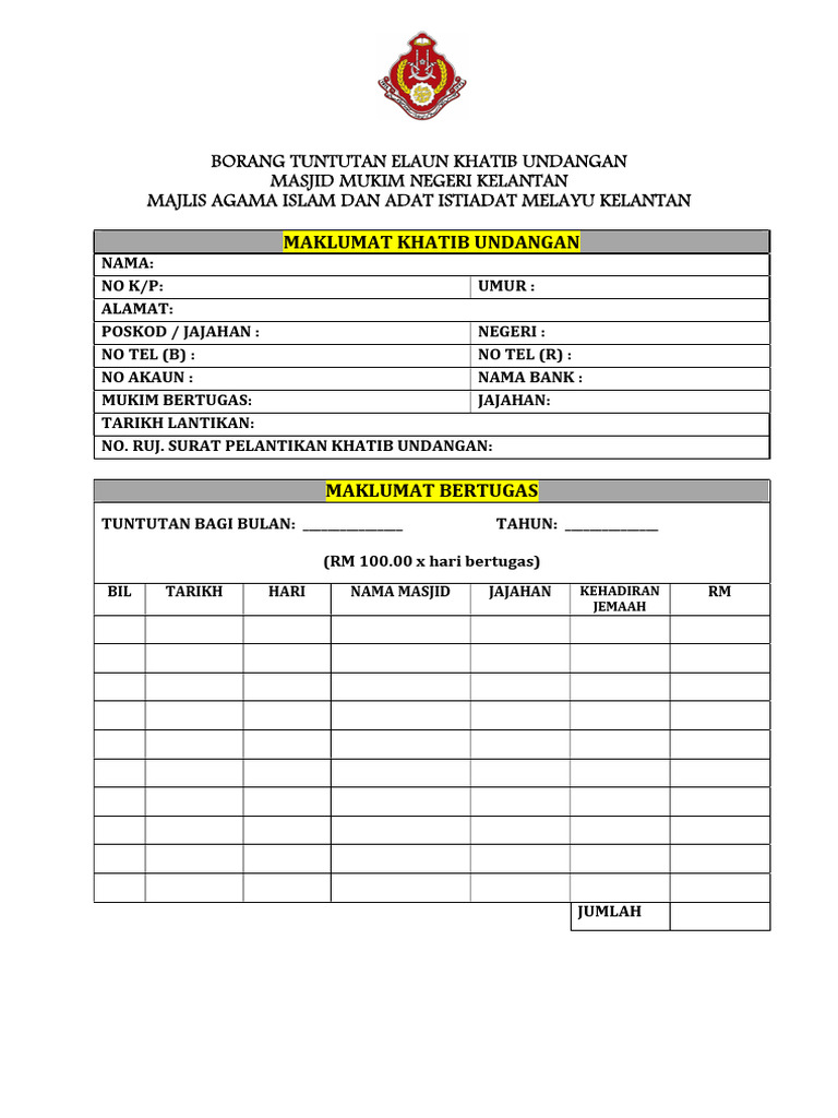 Borang Tuntutan Elaun Khatib Undangan MAIK Terkini | PDF