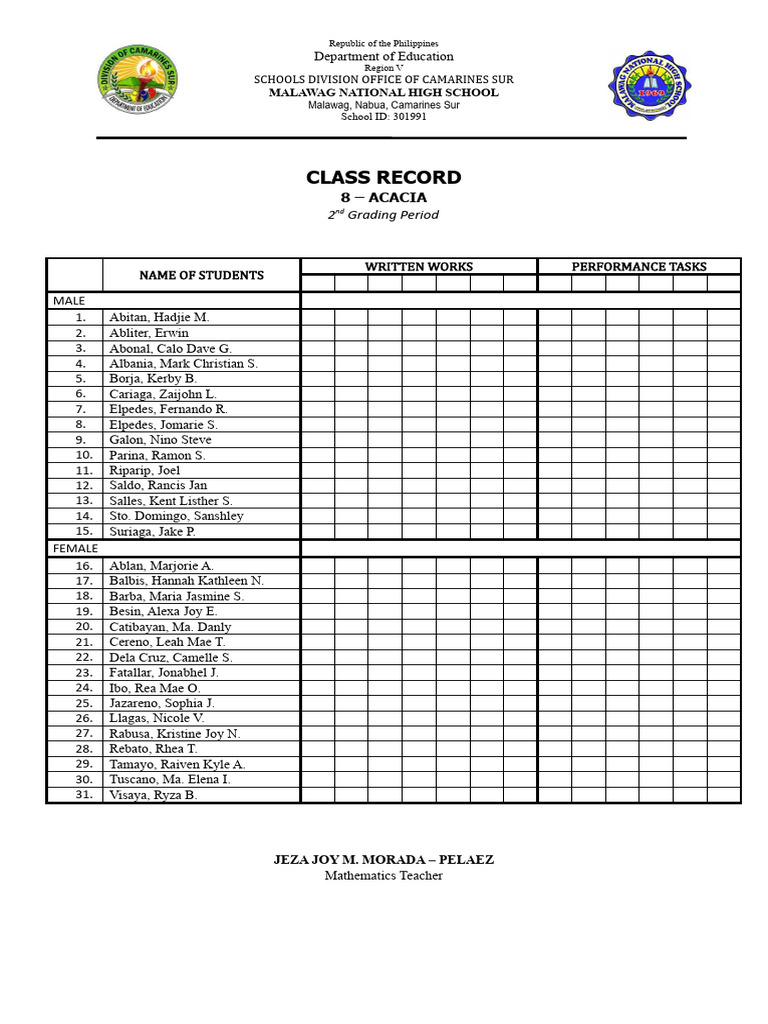 Class Record for 8 - Acacia Students | PDF