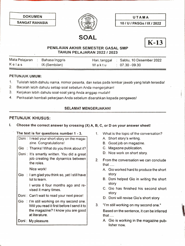 Soal PAS 22-23 BInggris 9 | PDF