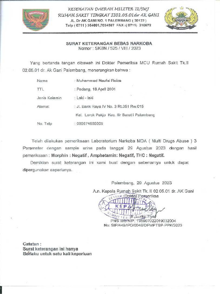 Surat Keterangan Bebas Narkoba | PDF