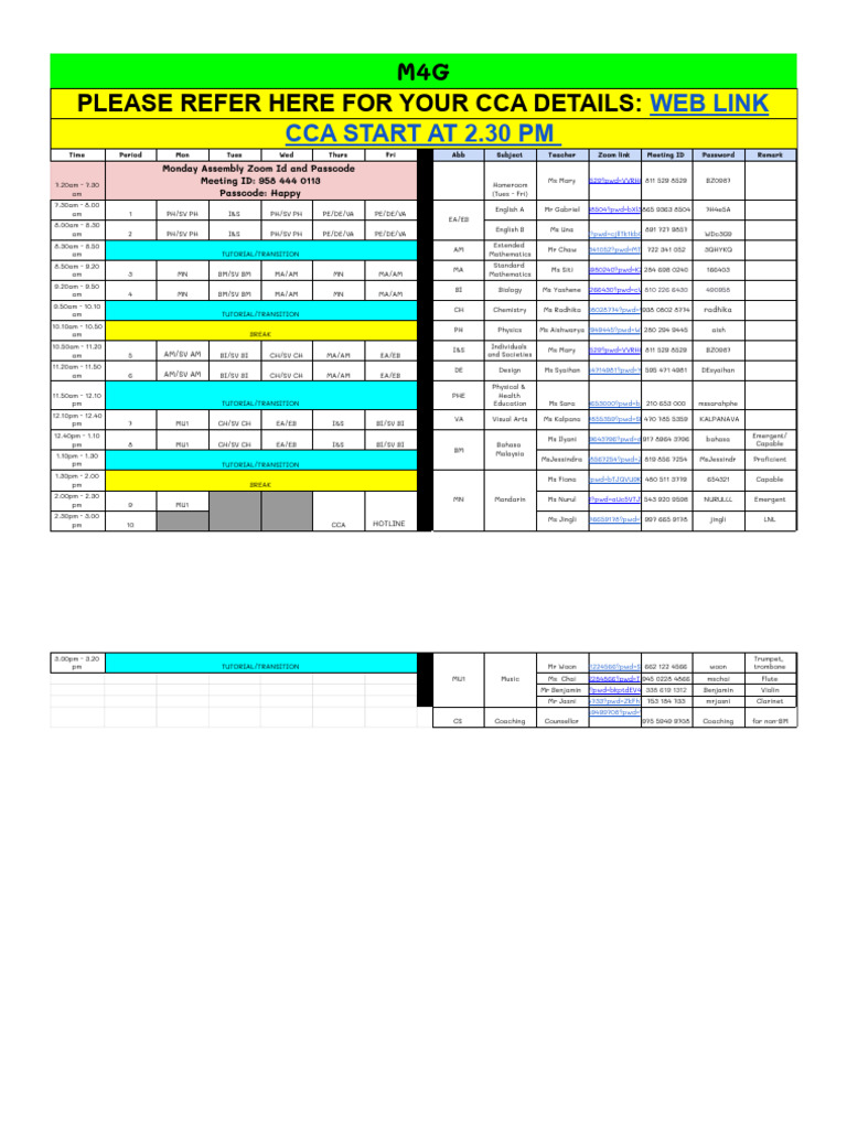 AY2021 - 2022 S2Q4 M4 KL Timetable and Zoom Links - G | PDF