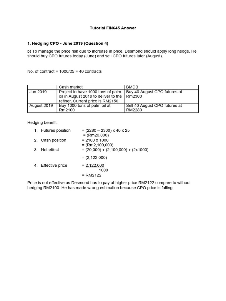 Tutorial FIN645 Answer - CPO | PDF | Futures Contract | Hedge (Finance)
