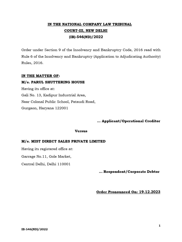 Insolvency Order: Parul Shuttering vs Mist Direct | PDF | Bankruptcy ...