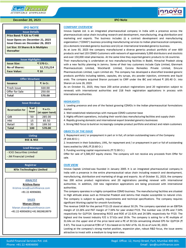 Innova Captab Ipo Note | PDF | Financial Analyst | Investing