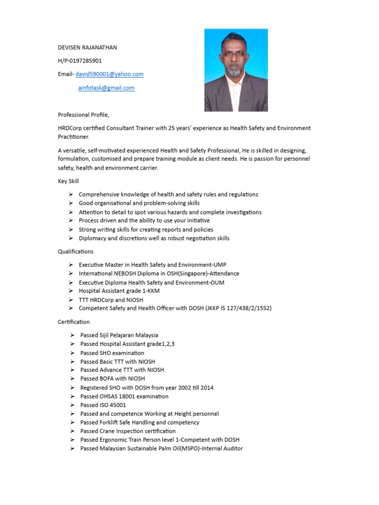 HSE Trainer Profile-Devisen,05.09,23 | PDF | Occupational Safety And Health | Safety