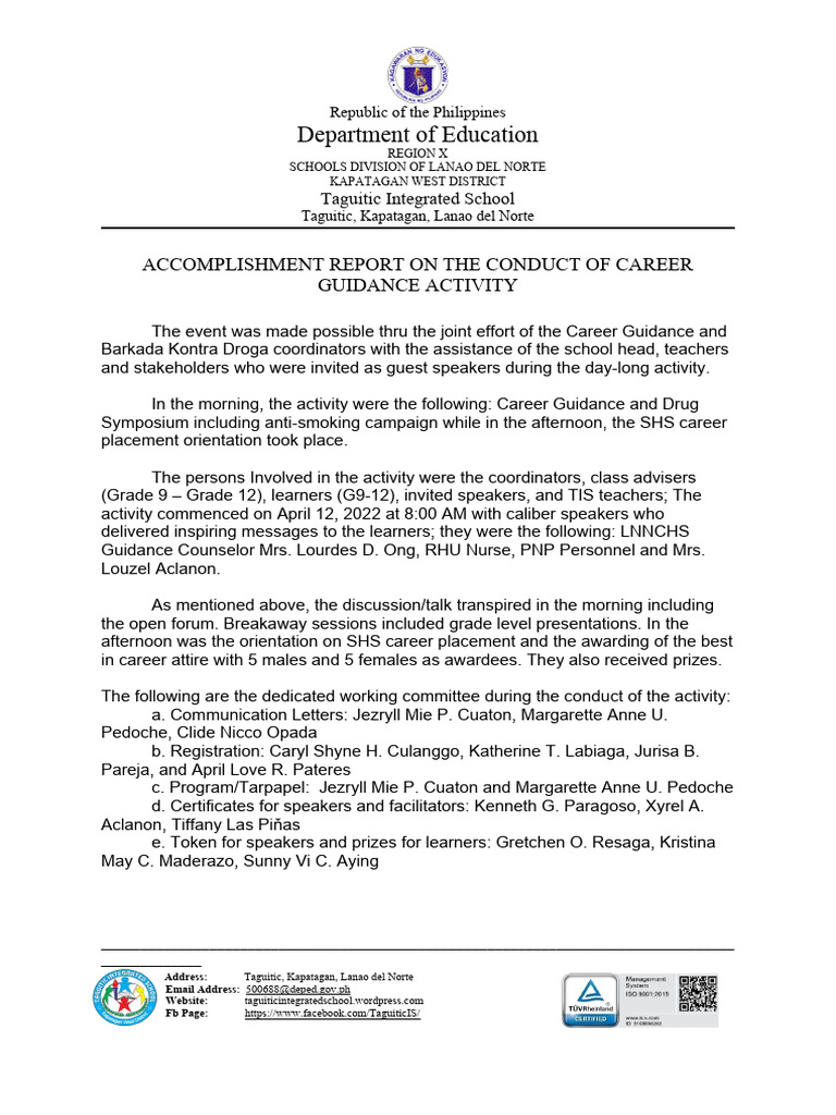 Accomplishment Report On The Conduct Of Career Guidance Activity Pdf