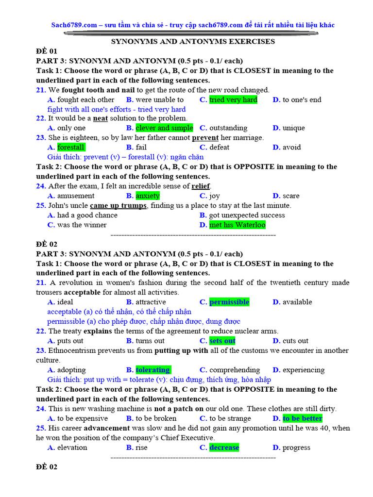 Synonyms and Antonyms Practice 01 Key | PDF | Teaching Methods & Materials