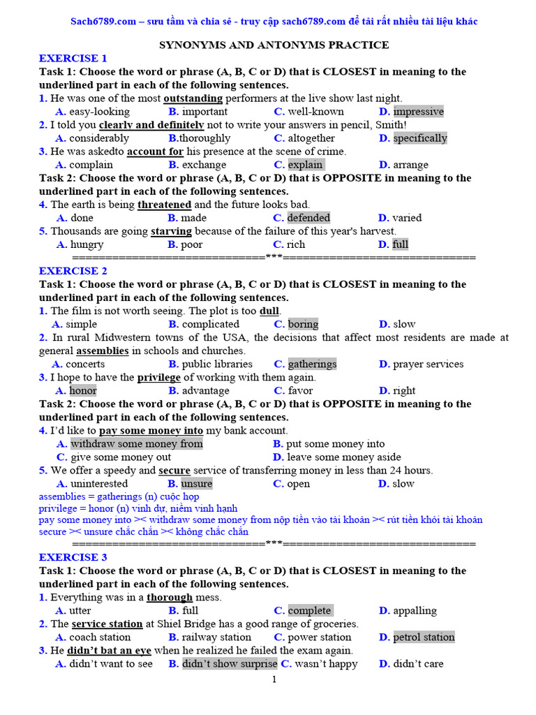 Synonyms and Antonyms Practice 02 Key | PDF