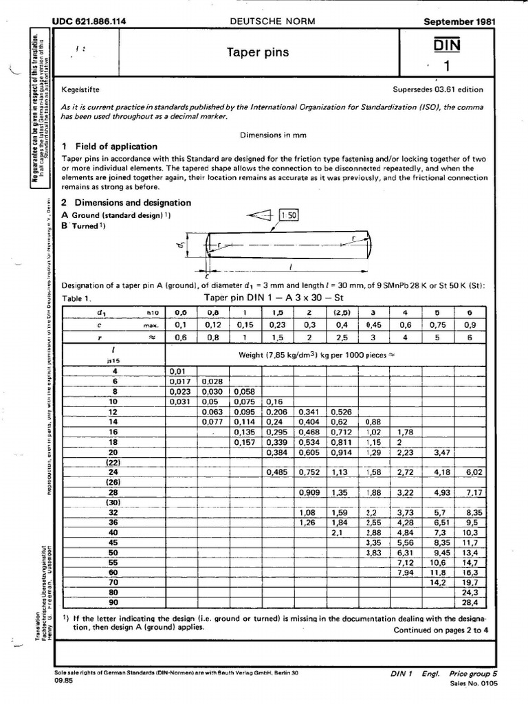 DIN - 1 1981 Taper Pins | PDF
