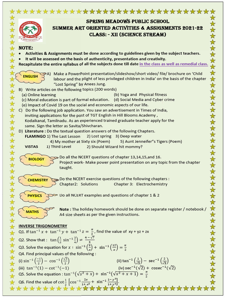 Xii Science Summer Art Oriented.. 2021-22 | PDF | Matrix (Mathematics ...