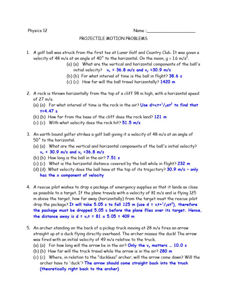 Projectile Motion Wksht Key Download Free Pdf Mechanics Applied