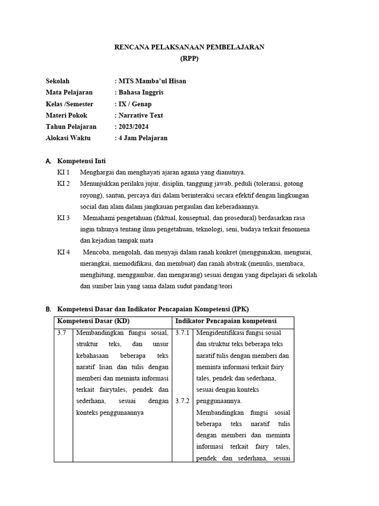 RPP PKP Narrative Text Kelompok | PDF