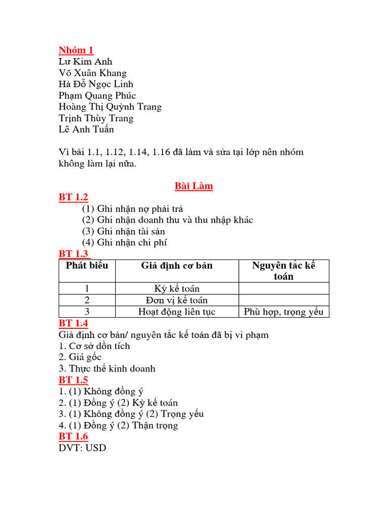 Bài tập KTTC nhóm 1 chiều thứ 6 | PDF