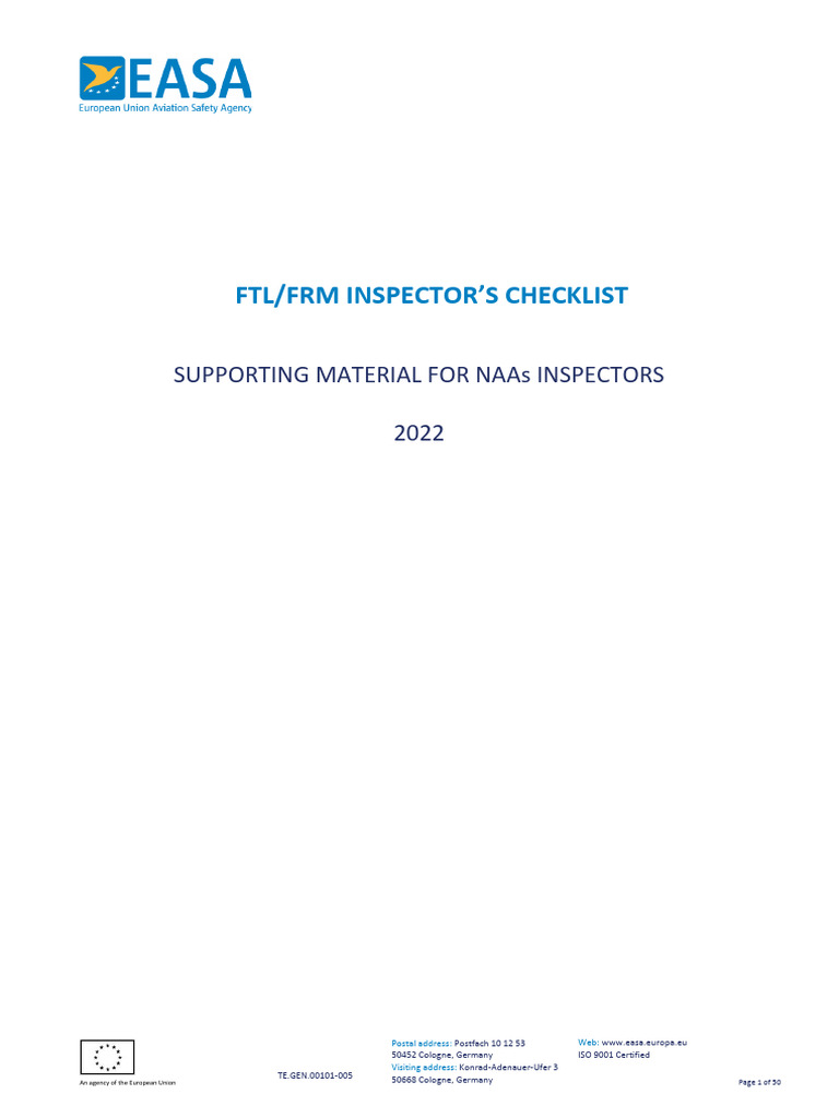 Easa FTL Inspector Checklist All Parts 30.01.23 Final | PDF | Iso 9000