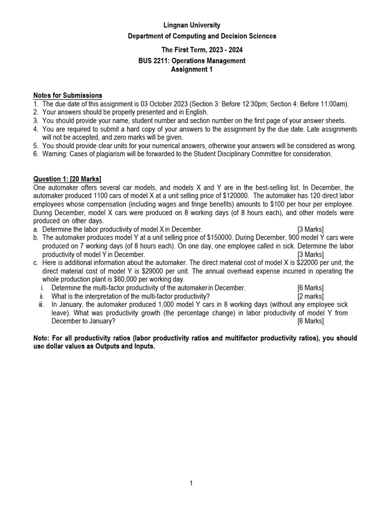 Operations Management Assignment 1 | PDF | Cost | Economies