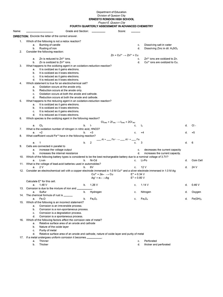 4TH QUARTER EXAM ADVANCE CHEM - Edited | PDF | Redox | Neutron