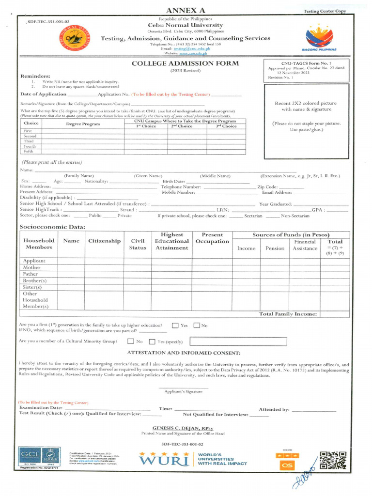 Revised Admission Form | PDF