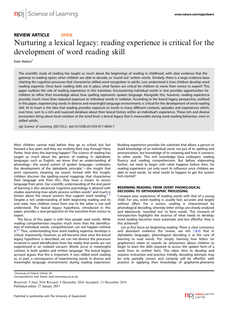 The Role of Reading Experience in Word Skills | PDF | Word | Experience