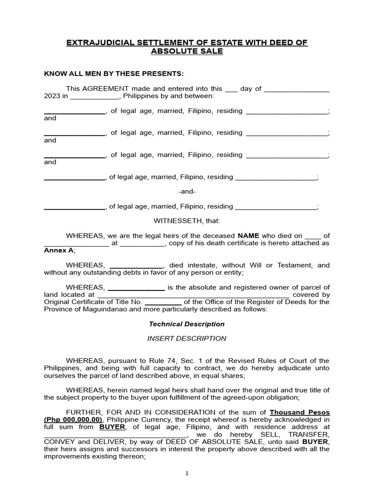 Extrajudicial Settlement of Estate With Deed of Absolute Sale | PDF ...