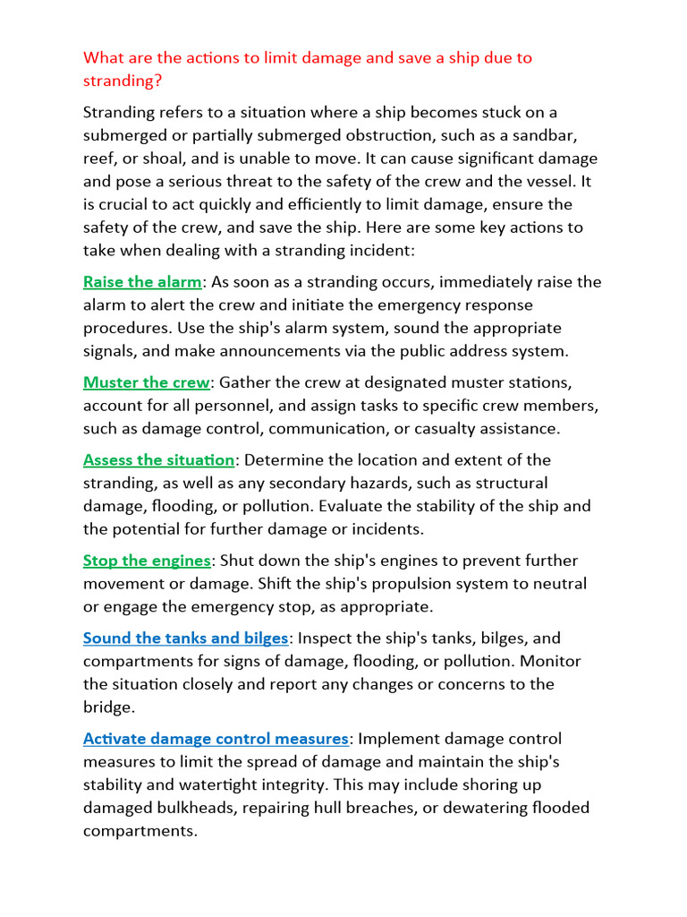 Actions To Limit Damage and Save A Ship Due To Stranding | PDF | Ships ...