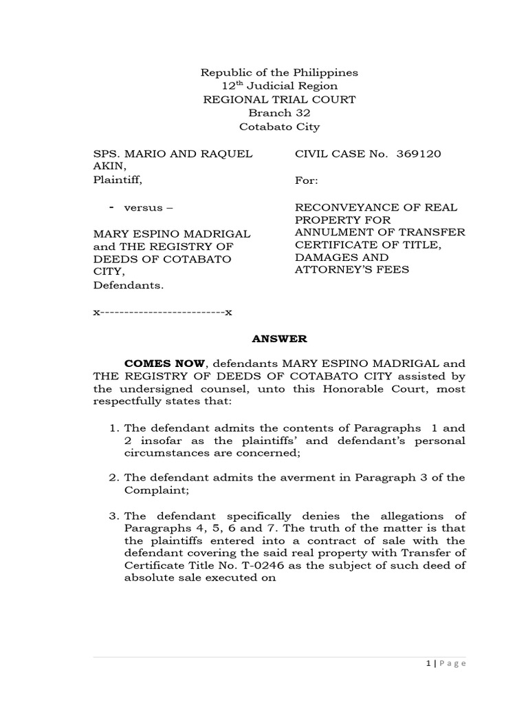 Sample Answer To RTC Format | PDF | Lawsuit | Damages Sample Answer To RTC Format | PDF | Lawsuit | Damages