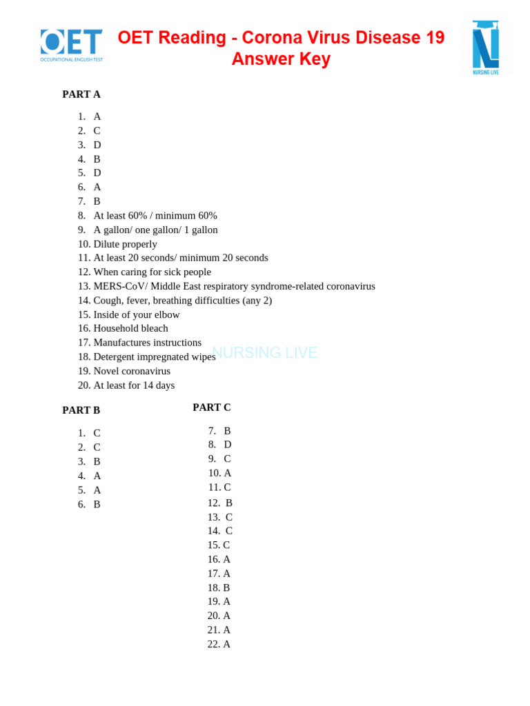 OET Reading - Corona Virus Disease 19 - Ans Key | PDF
