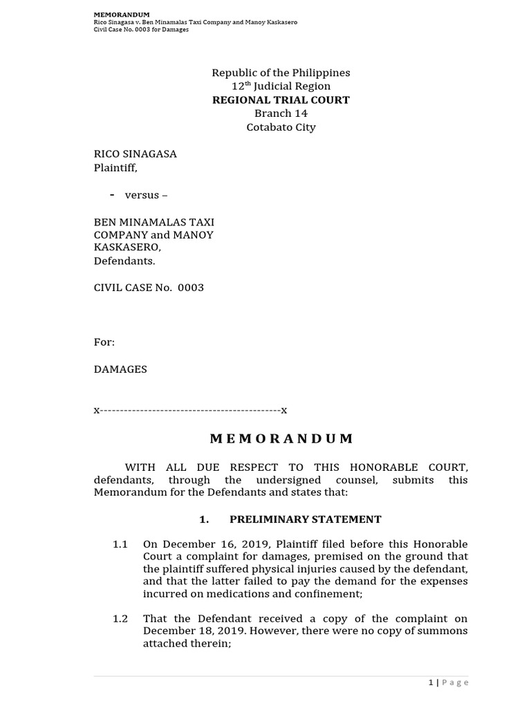 Sample Memorandum For DAMAGES | PDF | Negligence | Damages