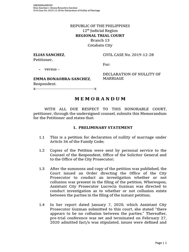 Sample Memorandum For ANNULMENT | Download Free PDF | Marriage | Annulment
