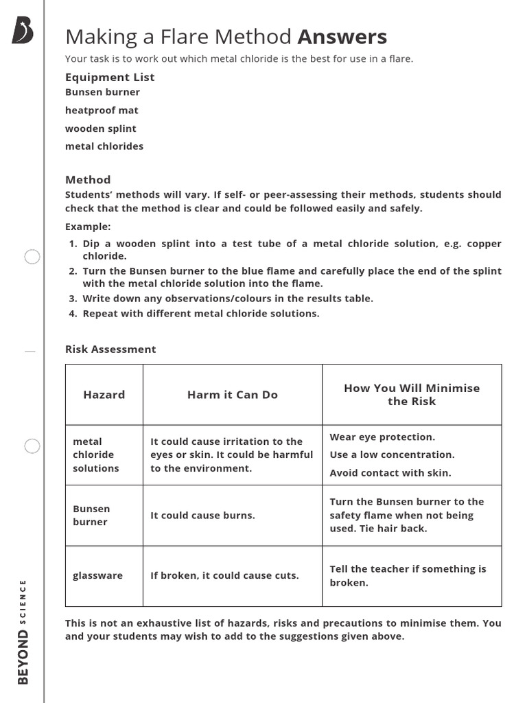 Making A Flare Method Worksheet Answers | PDF | Chloride | Safety