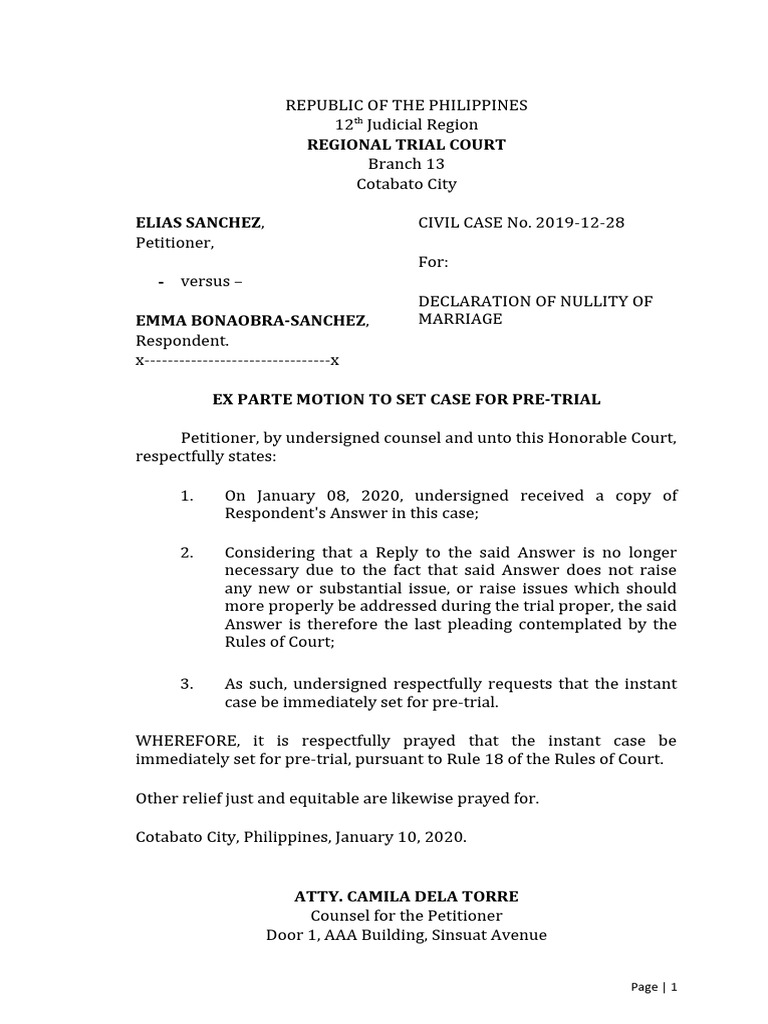 SAMPLE Ex Parte Motion For Pre Trial | PDF | Government Institutions ...